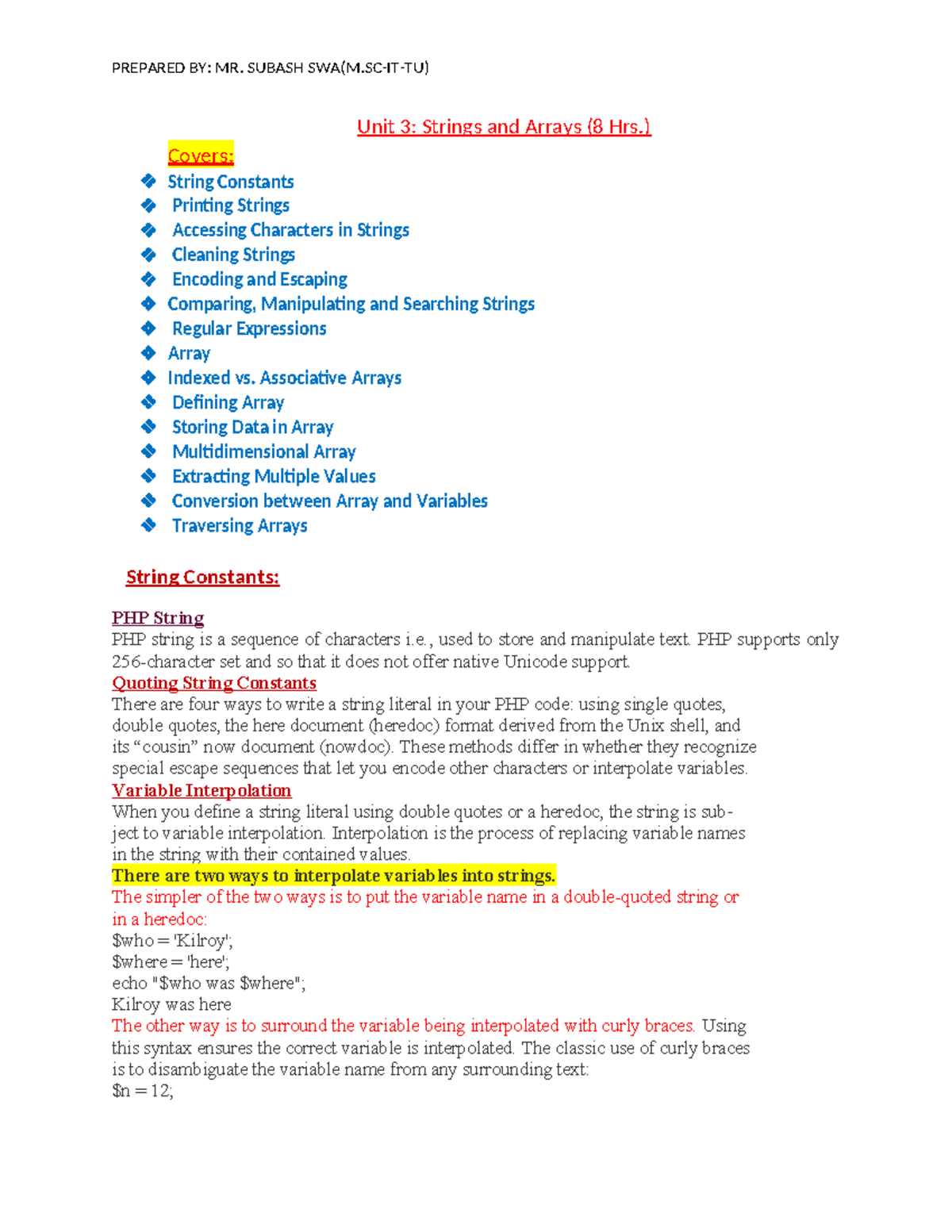 Unit 3: Strings and Arrays - PHP Concepts Overview (Prepared by Mr ...