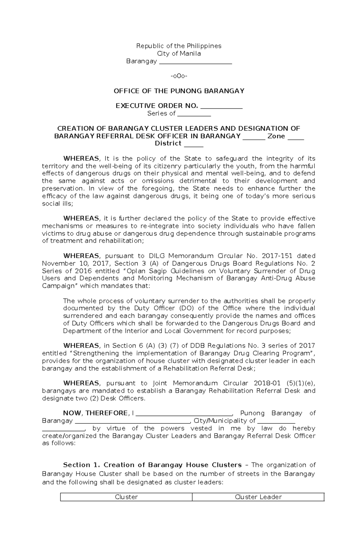 EO No. 2017-151: Barangay Cluster Leaders & Referral Desk Creation ...