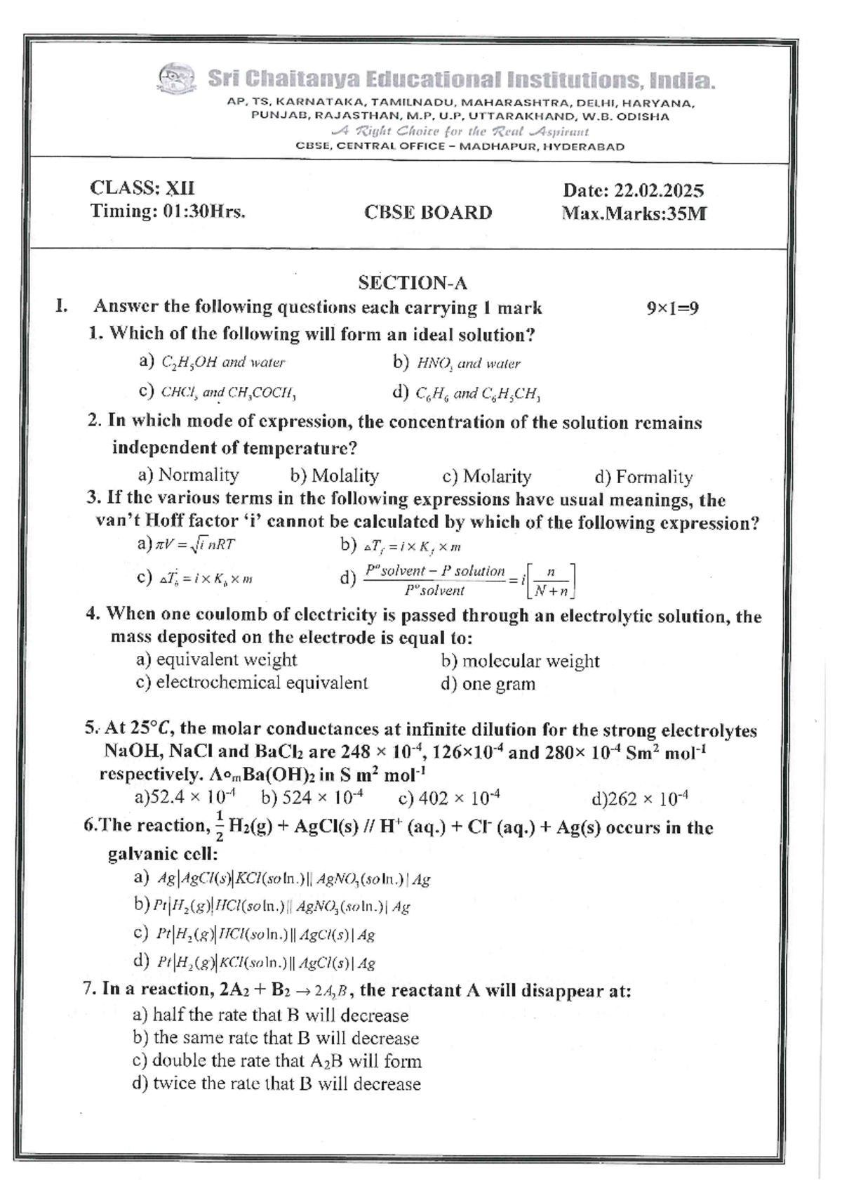Chemistry Class XII Practice Questions - 22.02.2025 - Studocu