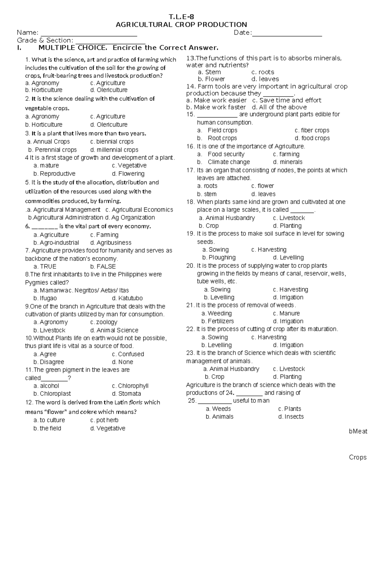 Summative Assessment TLE-8: Agricultural Crop Production Quiz - Studocu