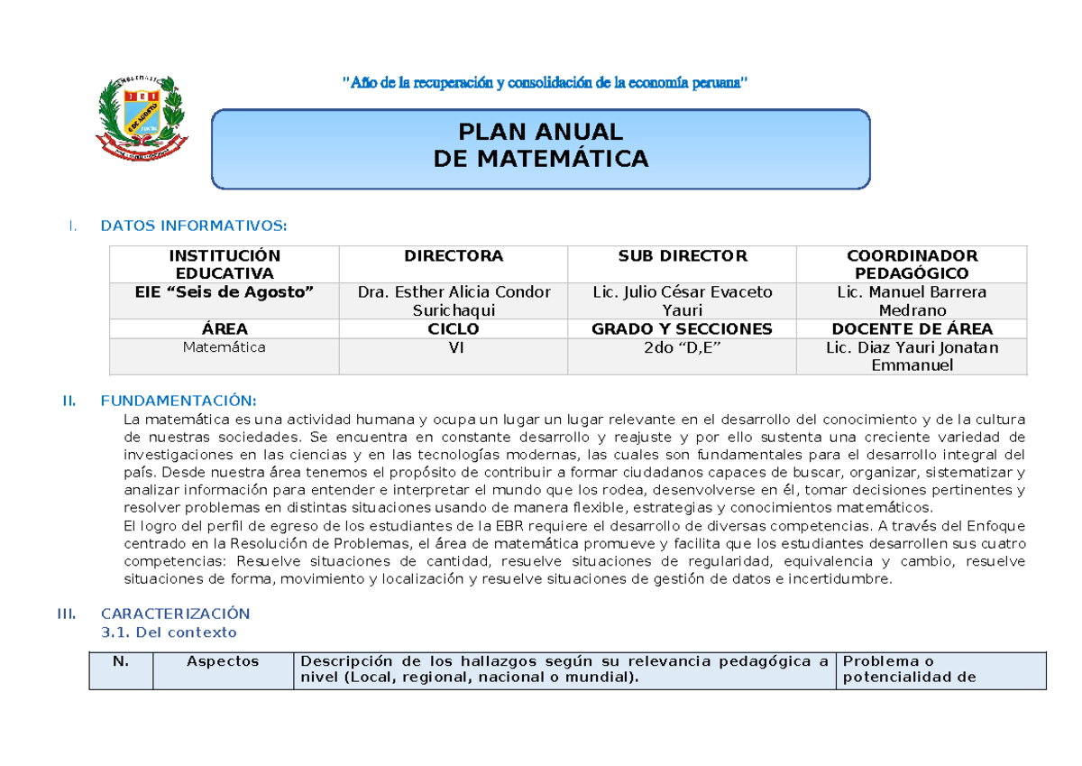 PLAN ANUAL DE MATEMÁTICA I - 2DO SECUNDARIA 2024 - Studocu