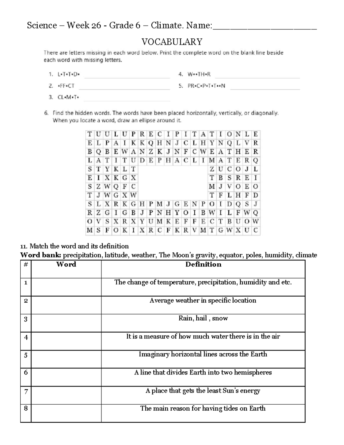 Grade 6 Science Week 26: Climate Vocabulary Matching - Studocu