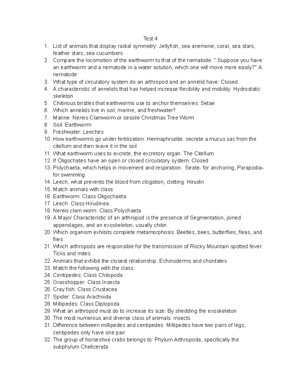 Biology Quiz: Arthropods & Echinoderms Overview (Test 4) - Studocu