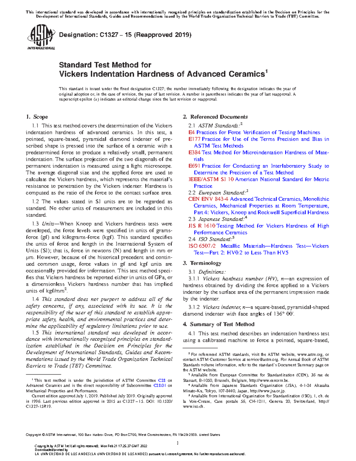 ASTM C1327 - Standard Test Method for Vickers Hardness of Ceramics ...