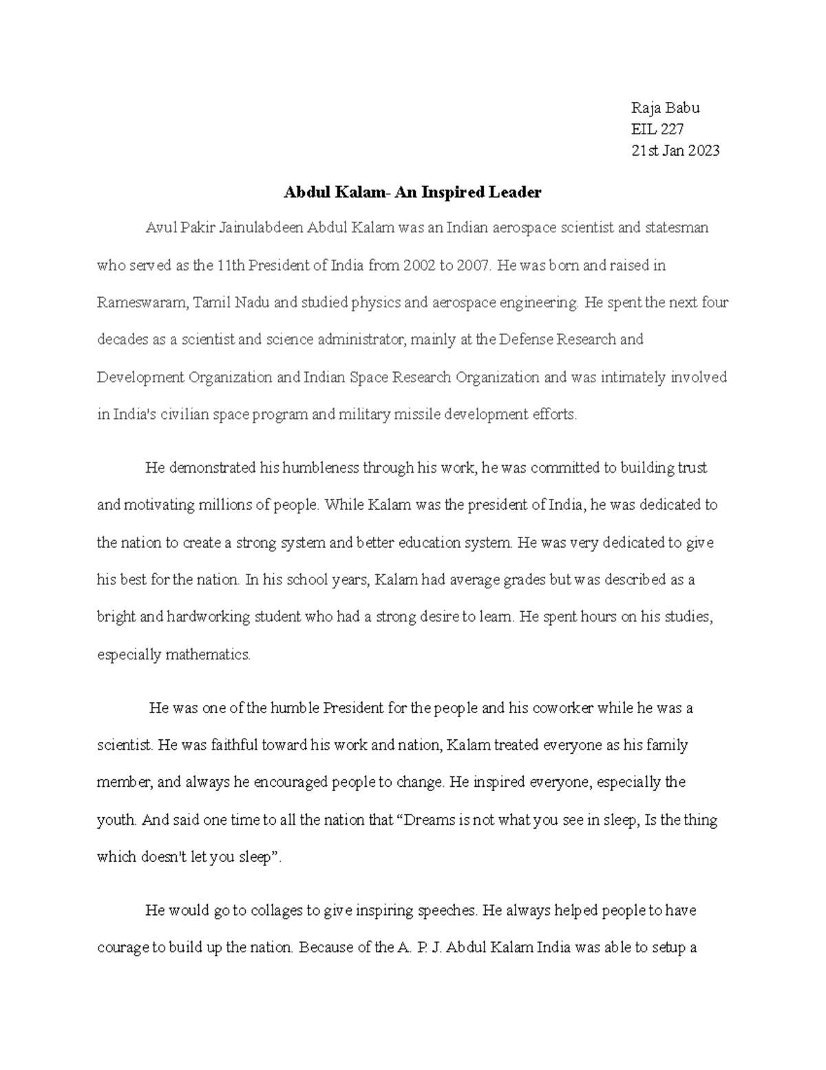 Abdul Kalam- An Inspired Leader - Raja Babu EIL 227 21st Jan 2023 Abdul ...