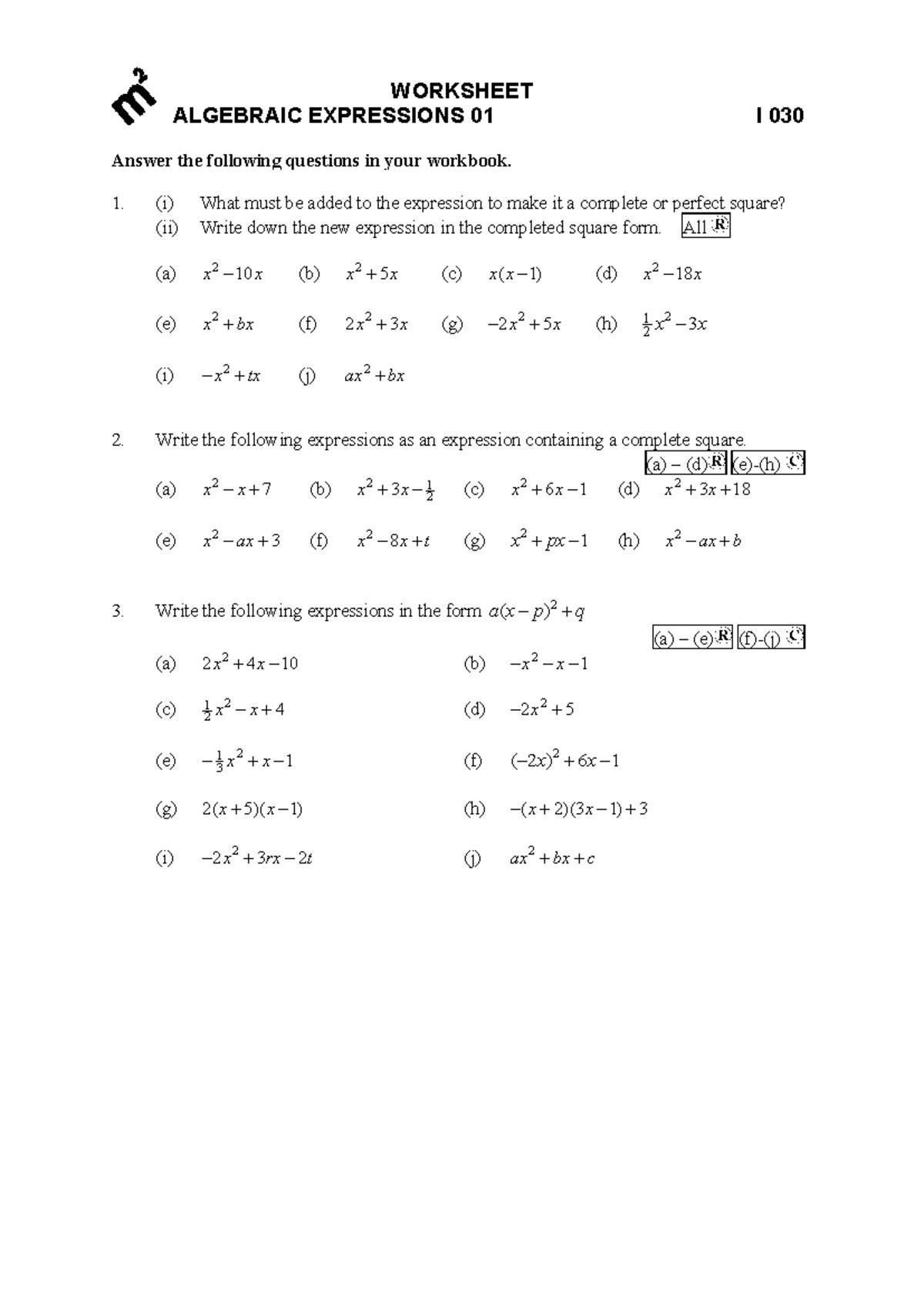 I030 W Algebraic Expressions 01 Worksheet - Studeersnel