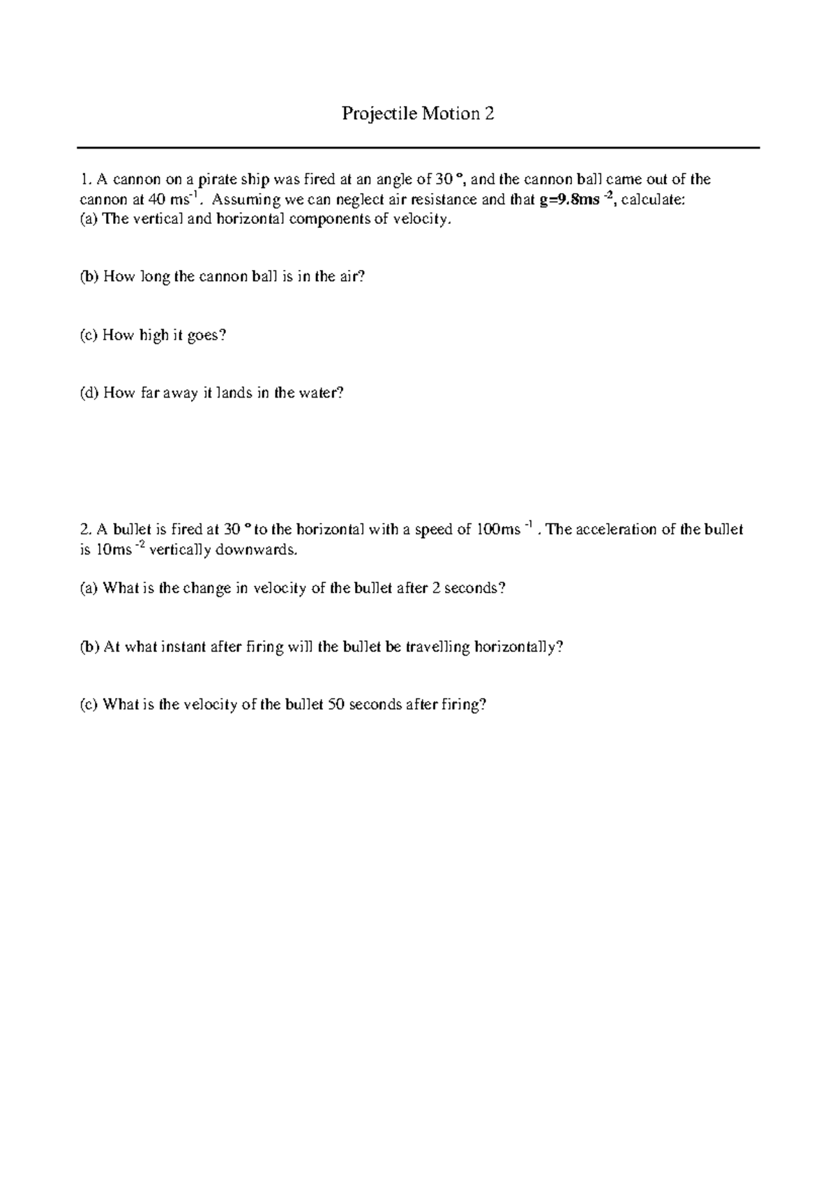 Worksheet - Projectile Motion 2: Questions on Velocity & Trajectory ...