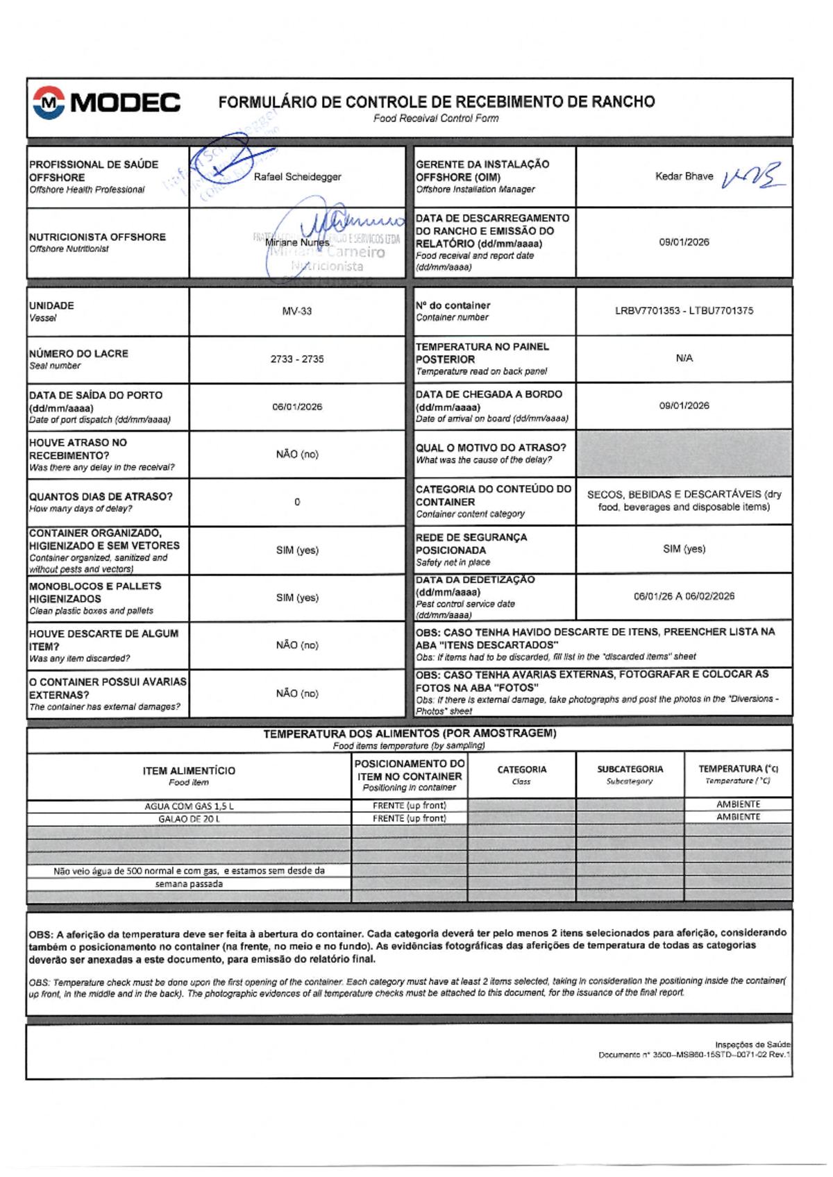 M MODEC FOOD RECEIVAL CONTROL FORM - RELATÓRIO 09 - Studocu