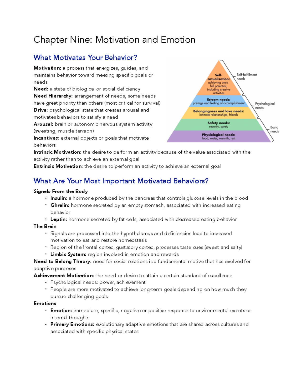 Chapter 9 - Motivation and Emotions: Key Concepts and Theories - Studocu