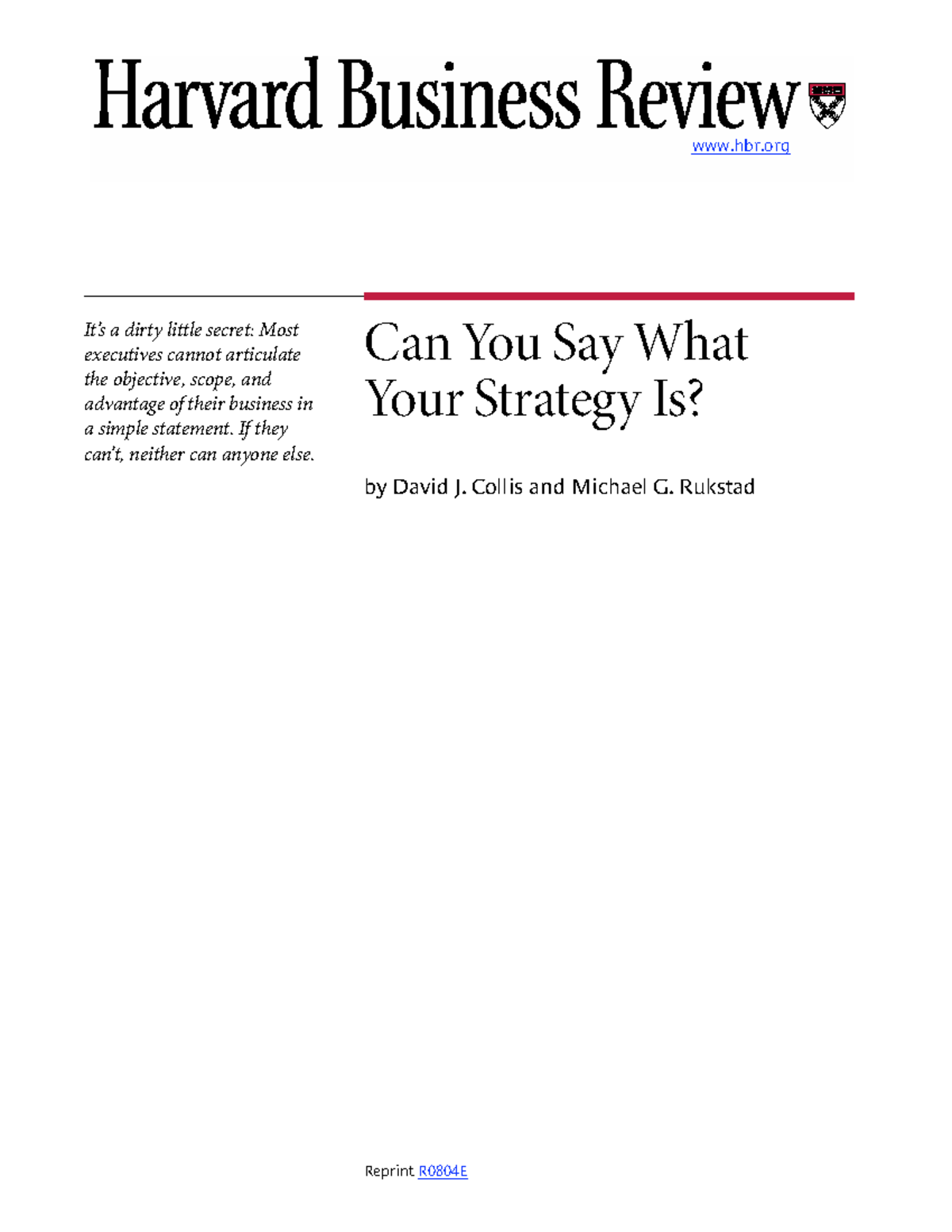 Can You Articulate Your Company's Strategy? - HBR Reprint R0804E - Studocu