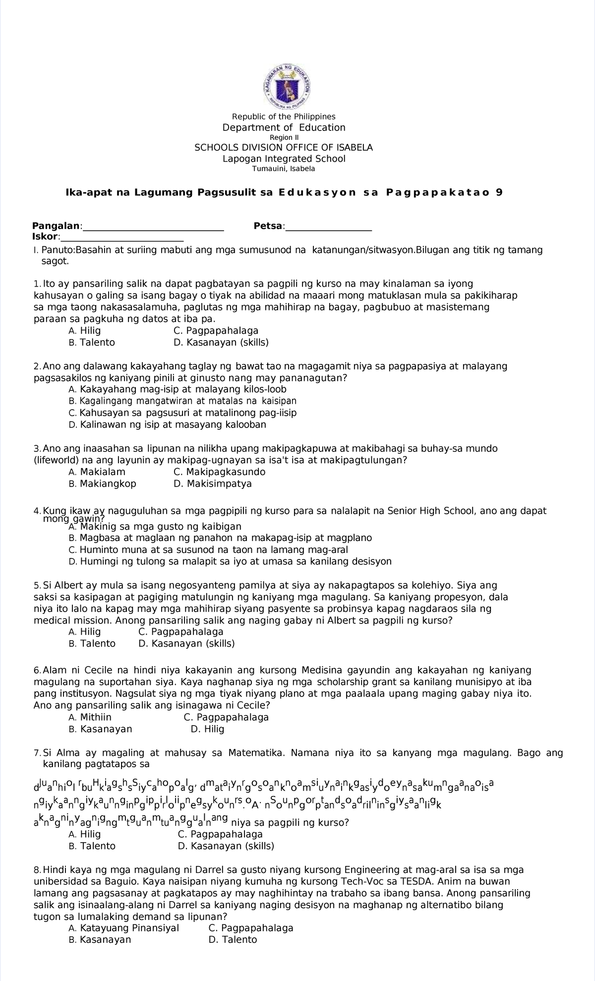 Q4 ESP 9 Summative TEST - FOR MORE HELPFUL REVIEWERS AND EXAMS ...
