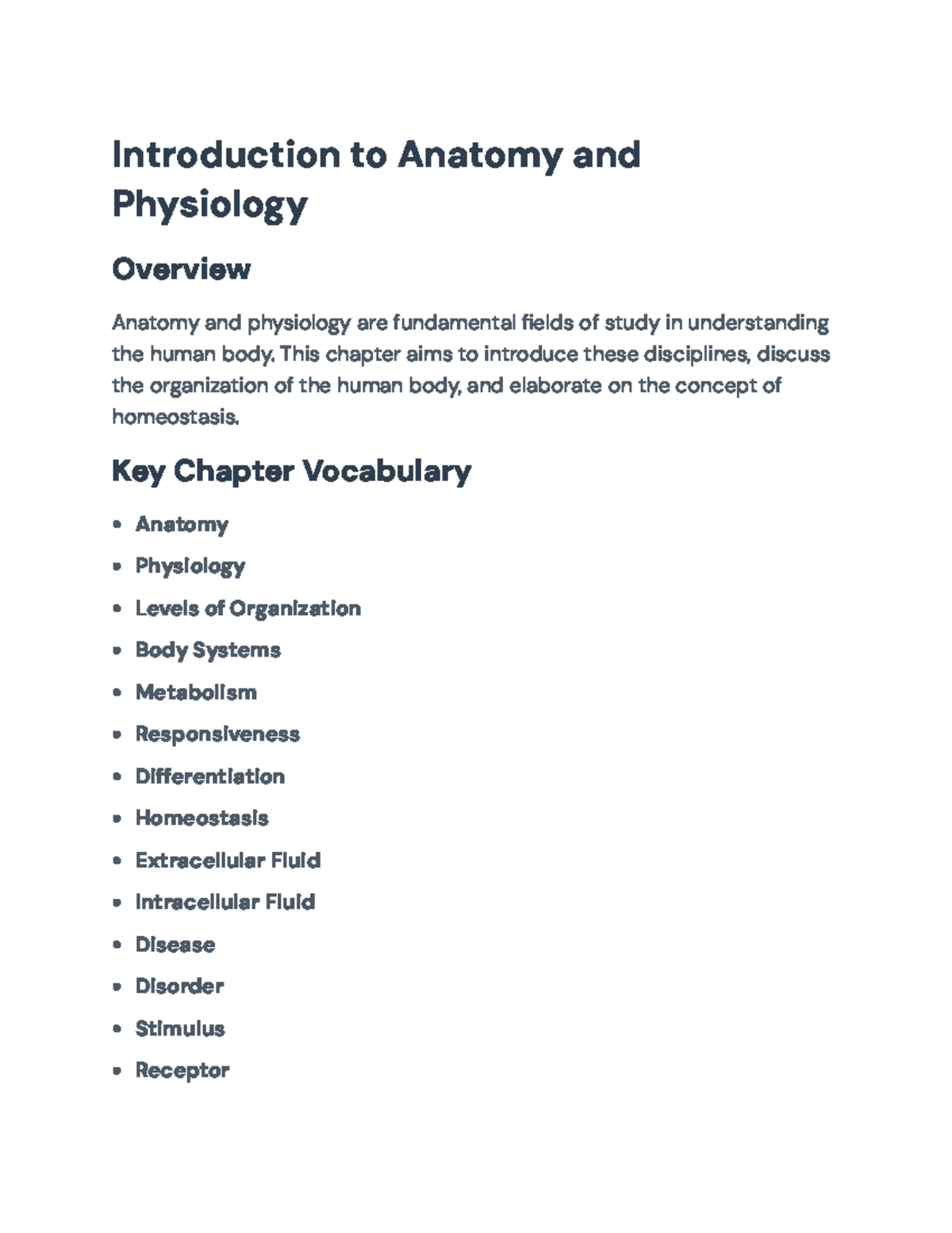 Introduction to A&P: Key Concepts, Vocabulary, and Homeostasis - Studocu