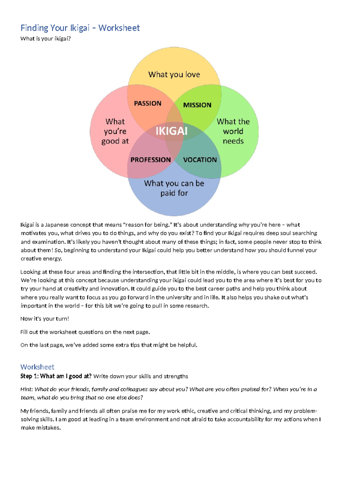 Ikigai Worksheet: Discovering Passion and Purpose in Life - Studocu