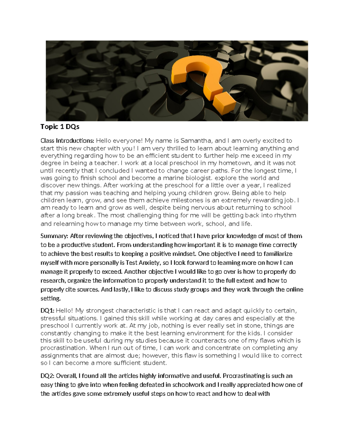 EDUC 101 Week 1 Discussion Questions and Class Introductions - Studocu