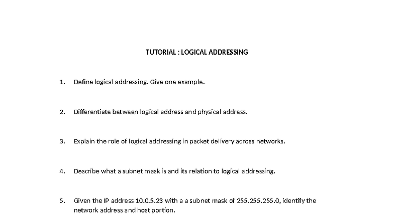 Tutorial: Logical Addressing and Subnetting Concepts (Chapter 7) - Studocu