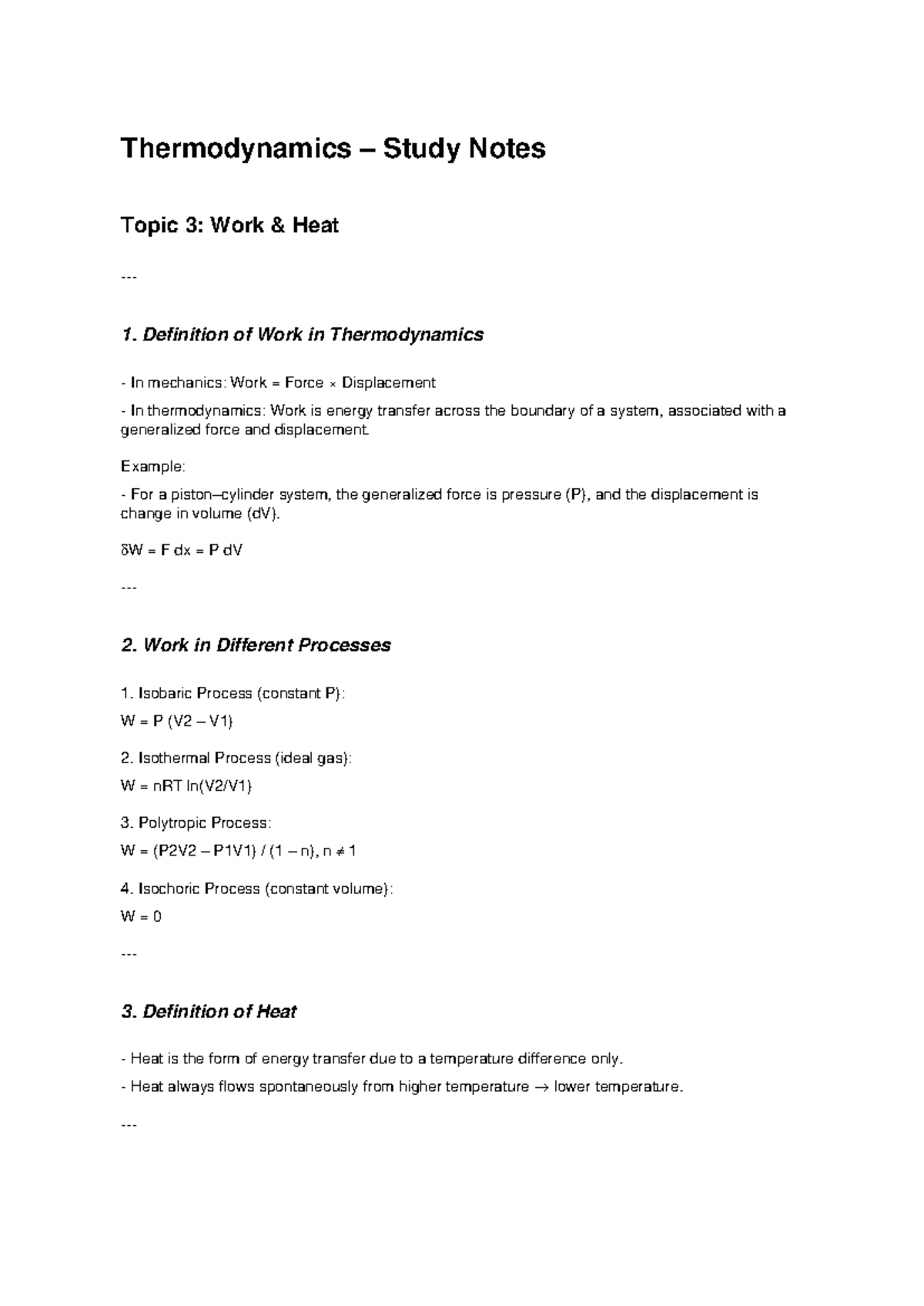 Thermodynamics Study Notes: Topic 3 - Work & Heat Concepts - Studocu