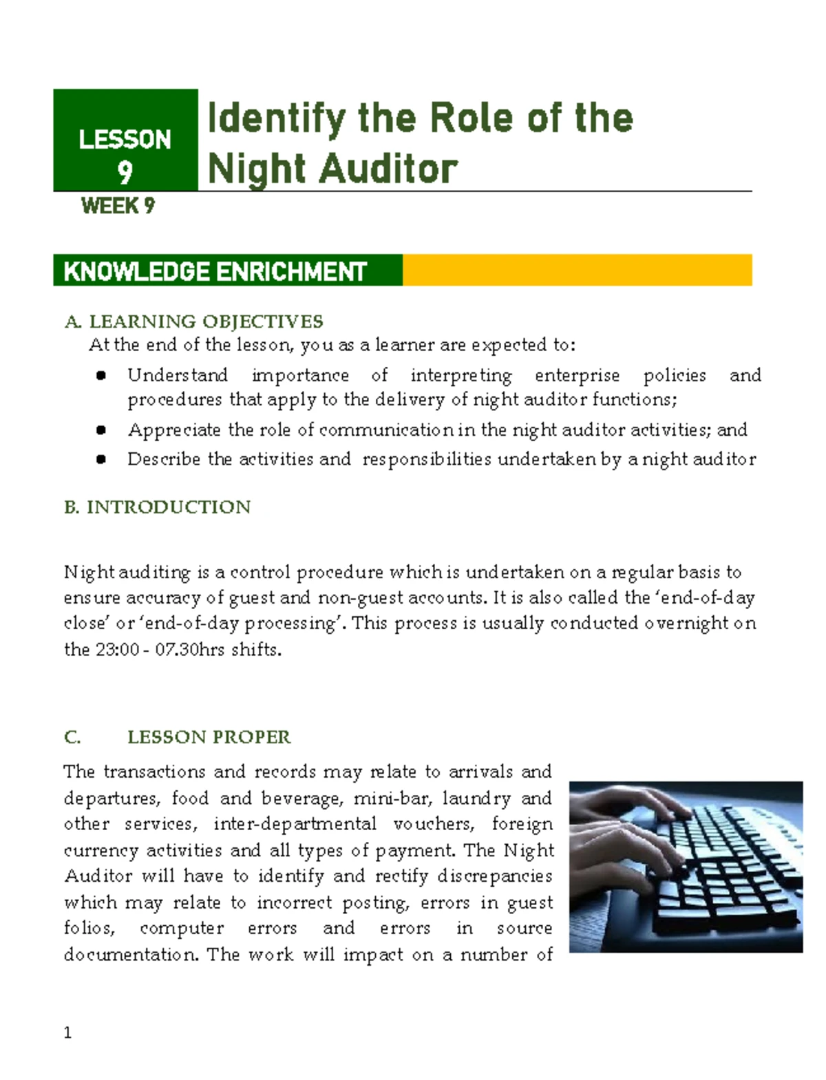 Front office Modules 9-12 - LESSON 9 Identify the Role of the Night ...