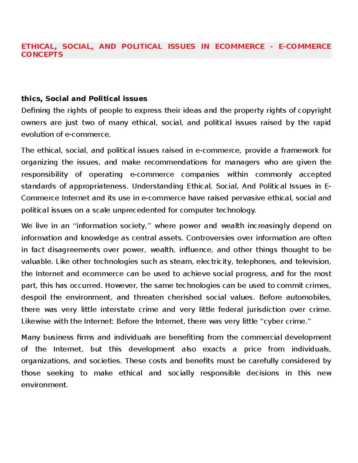 Ethical, Social & Political Issues in E-Commerce (E-COM 9) - Studocu