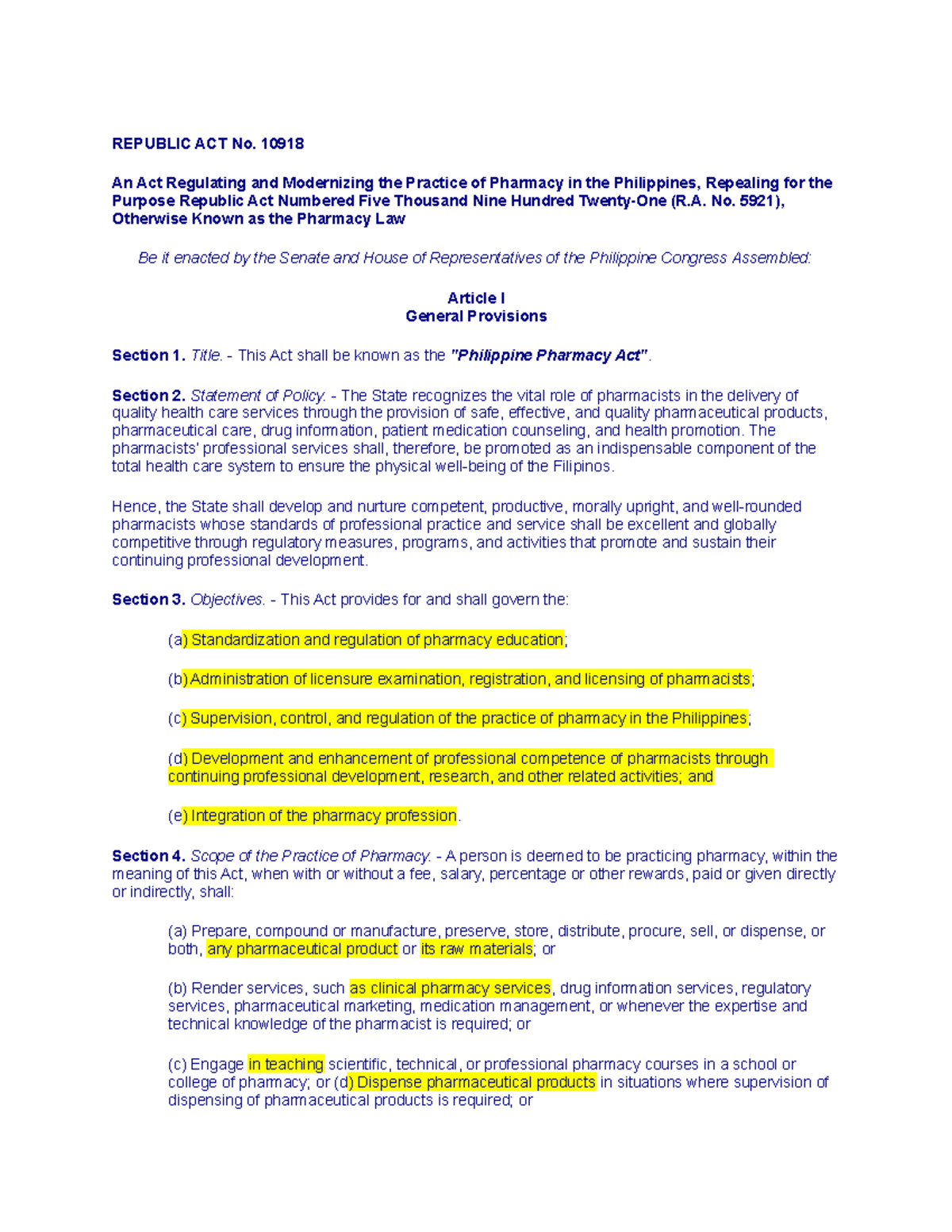 Republic Act No. 10918: Overview of the Philippine Pharmacy Act - Studocu