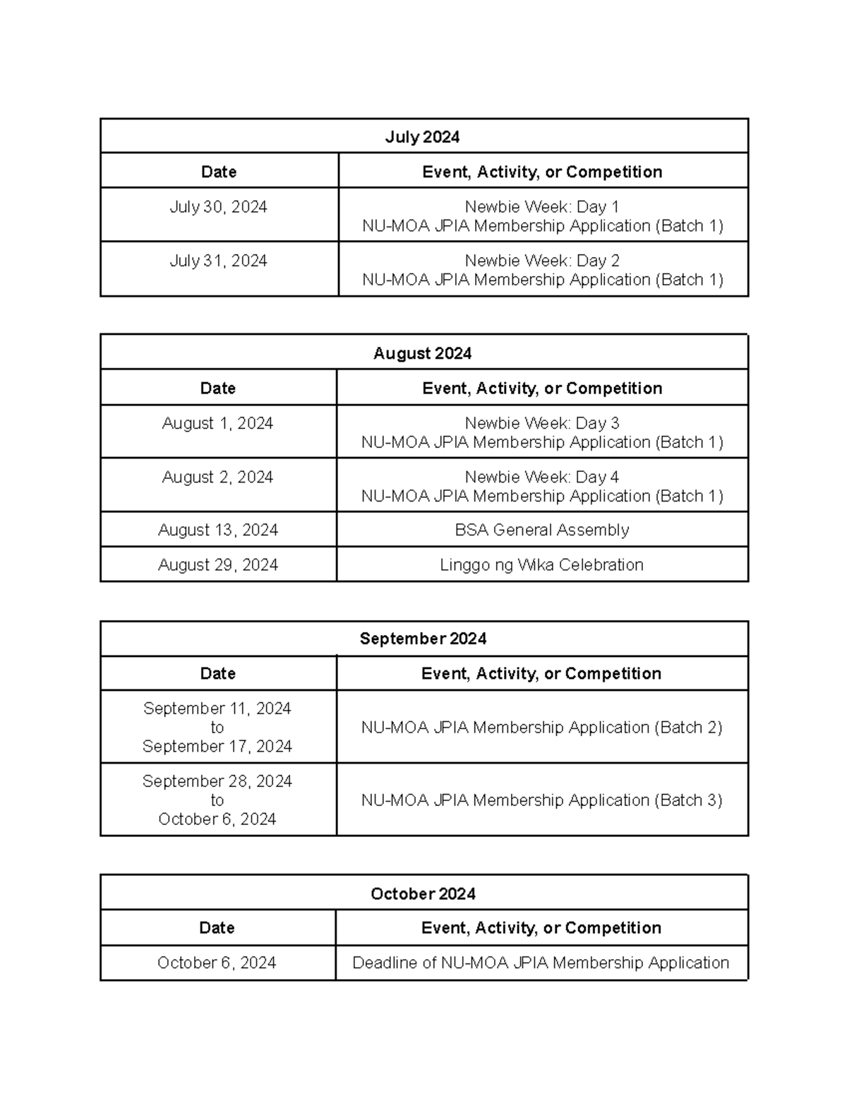 Events Calendar: JPIA Membership & Activities (July 2024 - June 2025 ...
