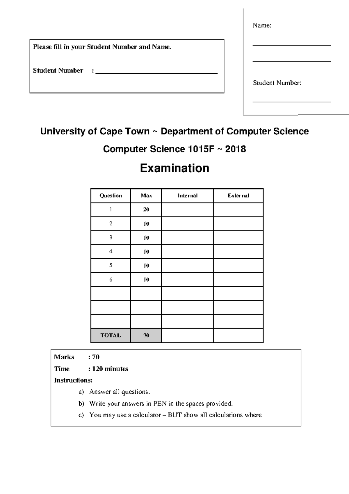 CSC1015F 2018 June Exam - Computer Science Questions and Answers - Studocu
