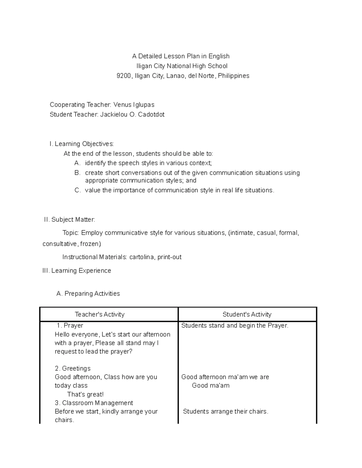 Communicative Style Lesson Plan - A Detailed Lesson Plan in English ...