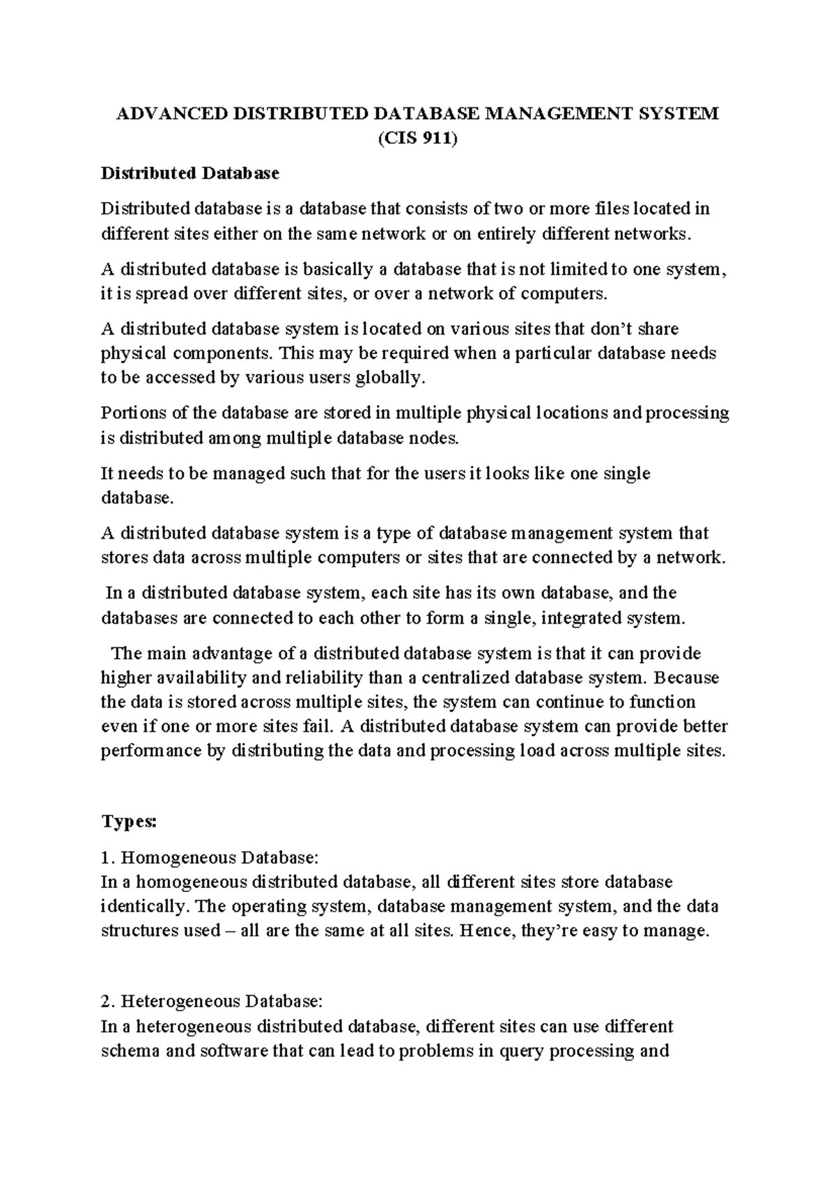 Advanced Distributed Database Management System Overview - CIS911 - Studocu