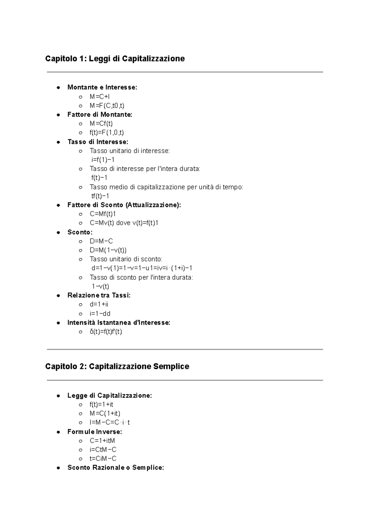 Matematica Finanziaria - Formule e Leggi di Capitalizzazione - Studocu