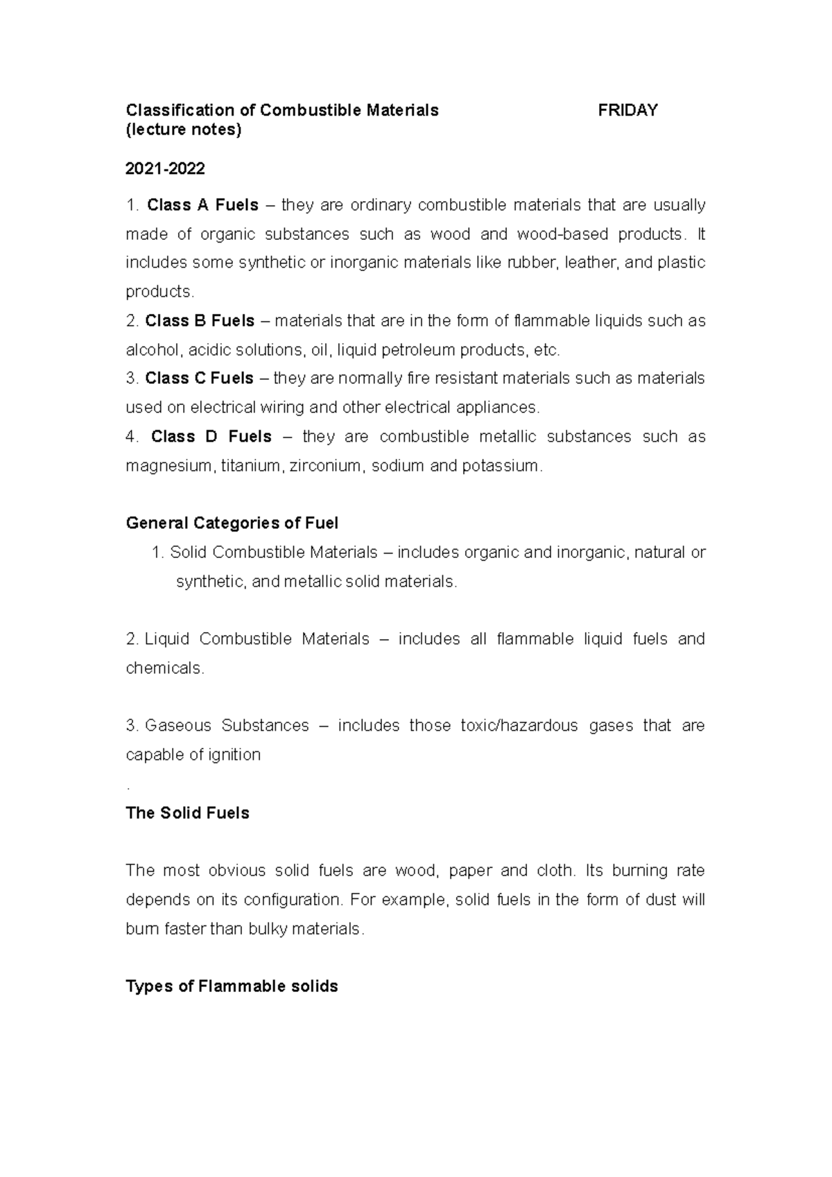 Classification of Combustible Materials Lecture Notes - Classification ...