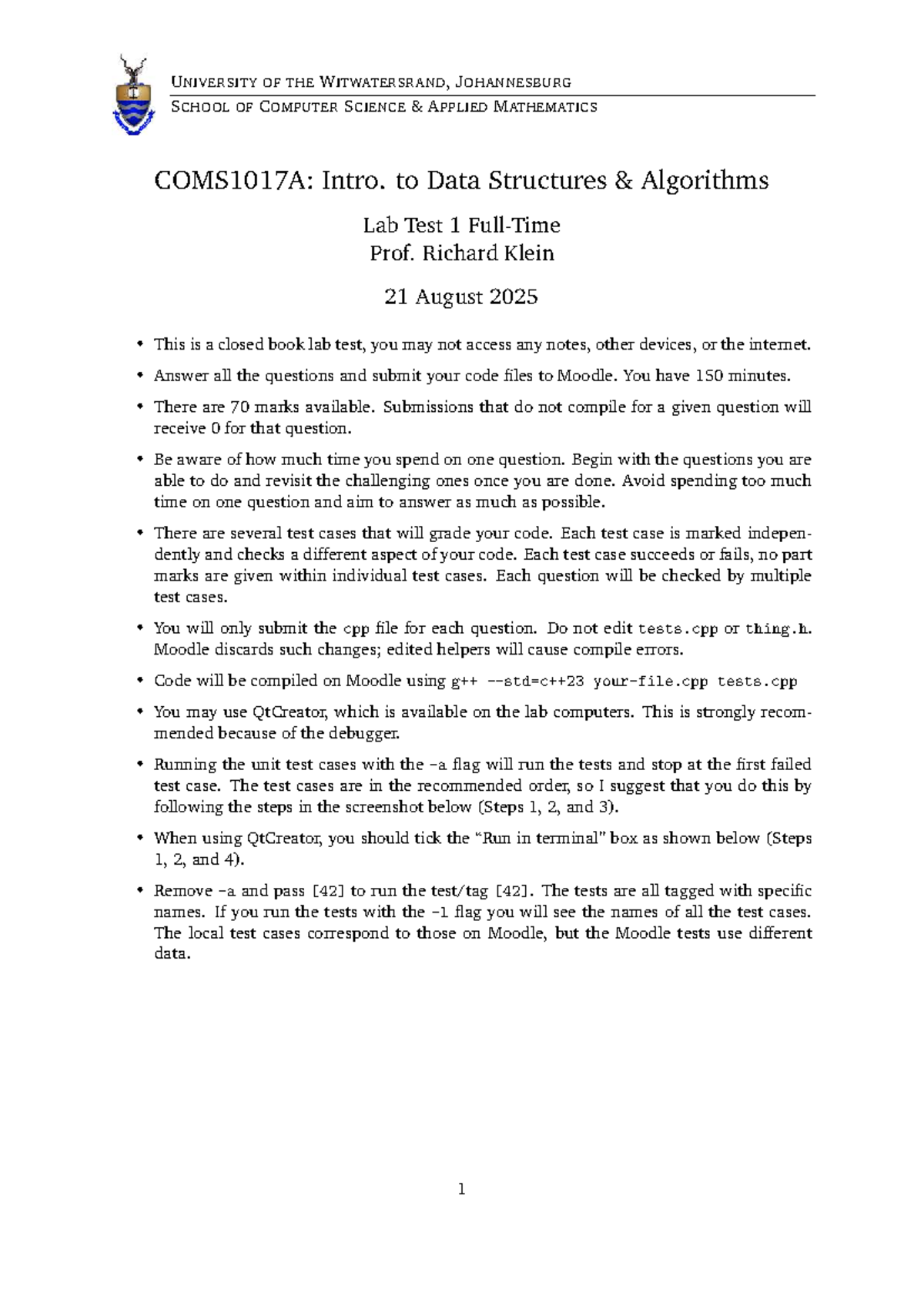 COMS1017A: Lab Test 1 - Data Structures & Algorithms 2025 - Studocu
