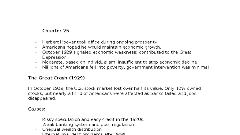Chapter 25: The Great Depression and Hoover's Response in History - Studocu