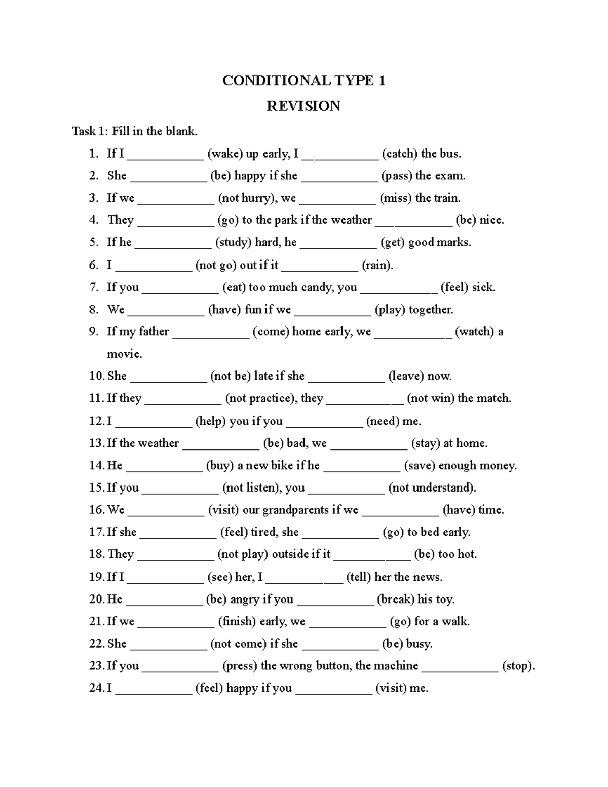Conditional Type 1 Revision - Grade 6 Exercises - Studocu