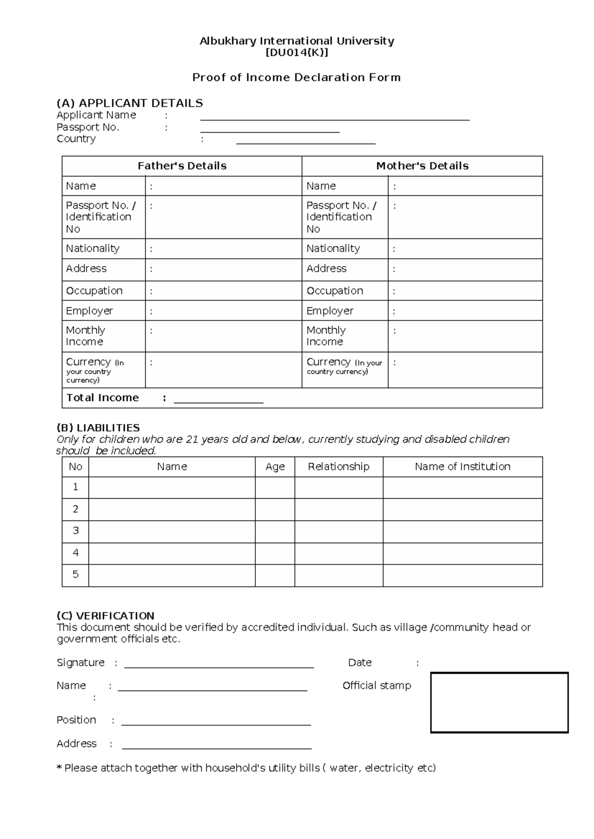 Proof of Income Declaration Form (A) - Albukhary University - Studocu