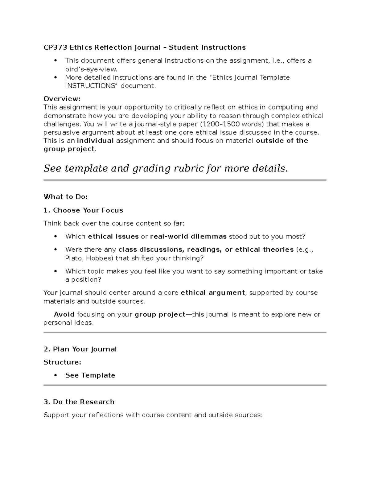 CP373 Ethics Reflection Journal: Assignment Guidelines and Tips - Studocu