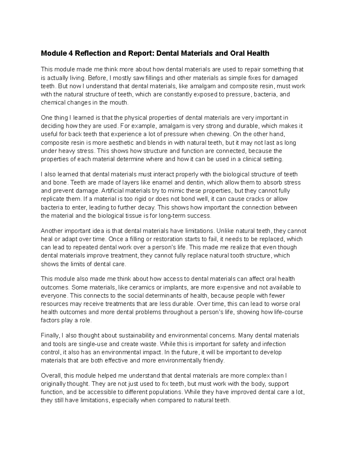Module 4 Reflection: Dental Materials & Oral Health Insights - Studocu