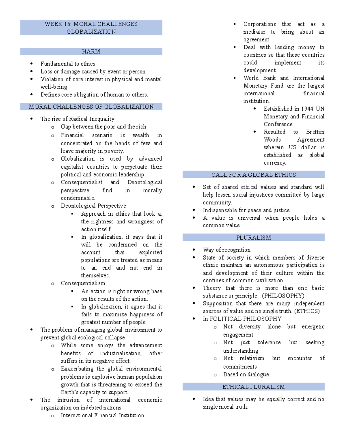 WEEK 16: Globalization and Moral Challenges in Ethics Discussion - Studocu