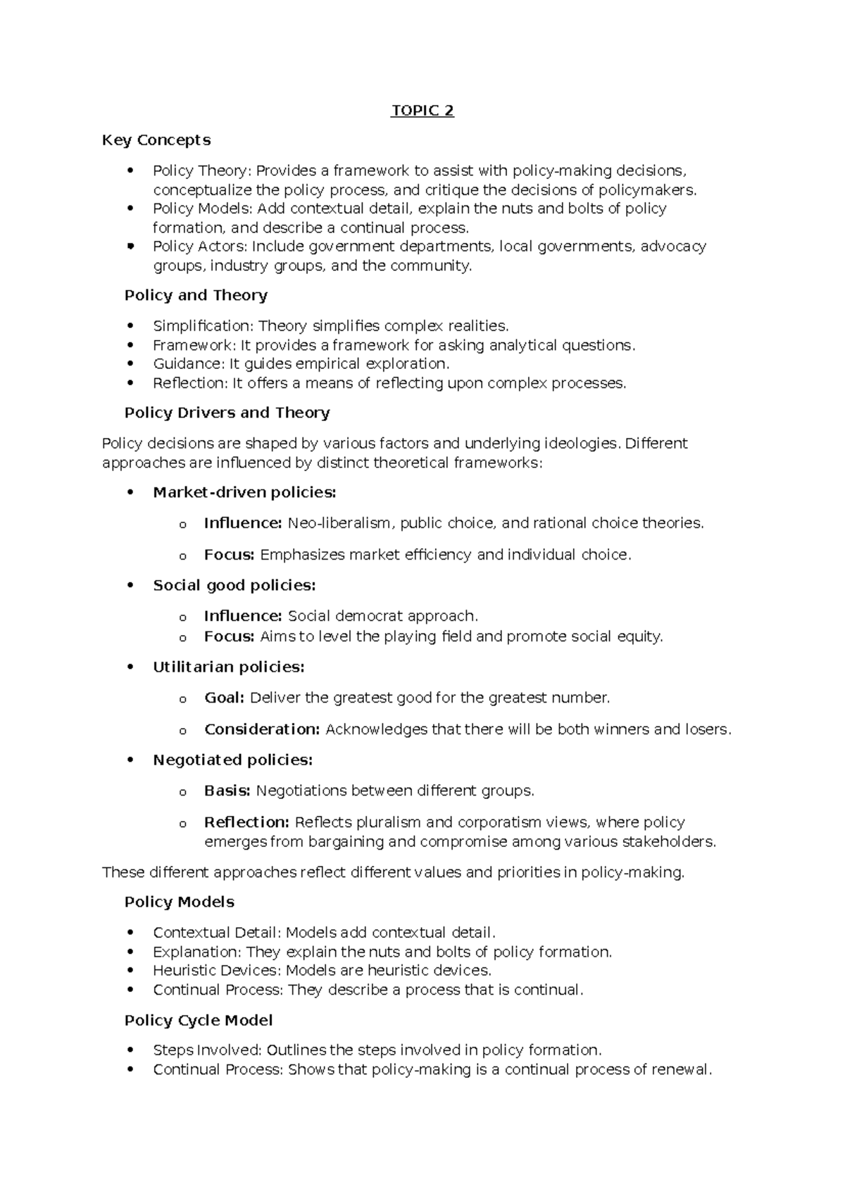 Topic 2 - Key concepts in policy theory and models - Studocu