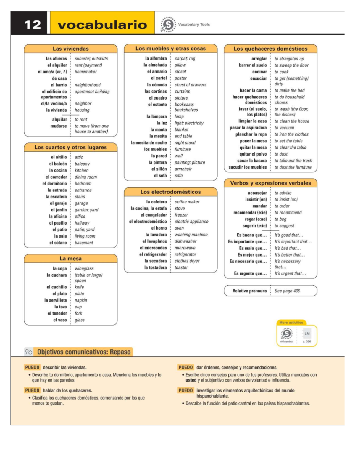 VHL CH #12 - Vocabulary & Household Chores Overview in Spanish - Studocu