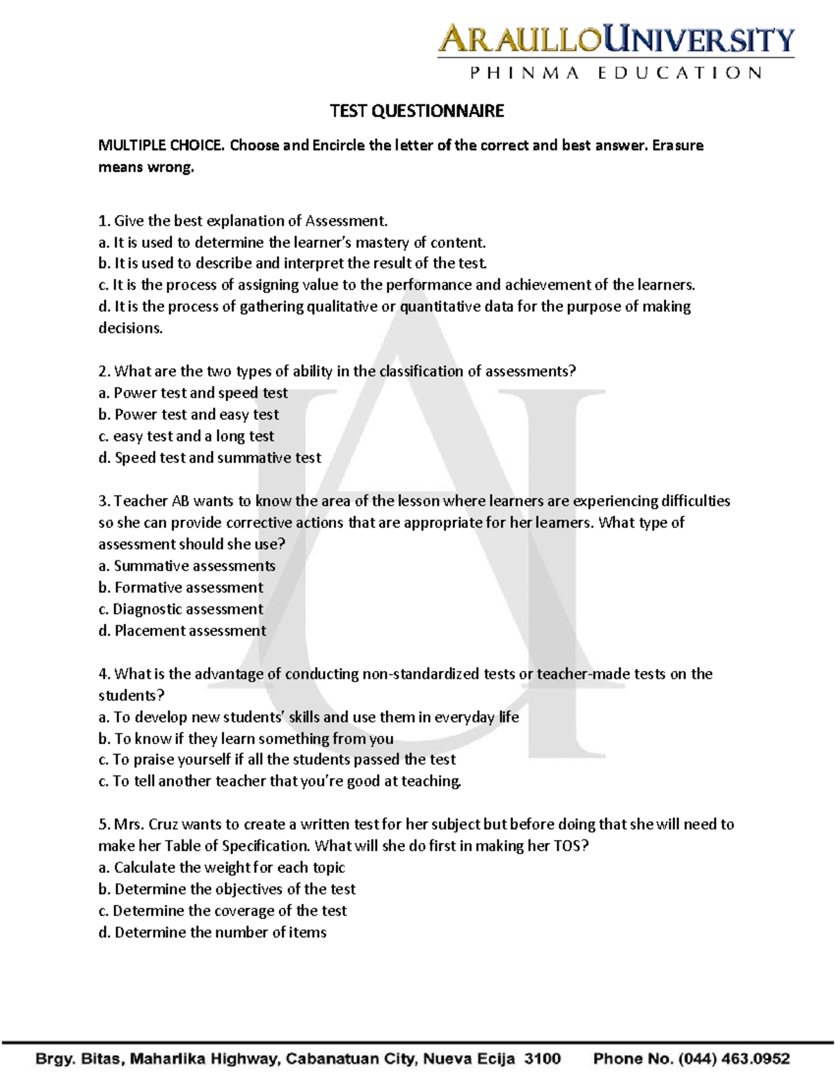 TEST- Multiple Choice Questionnaire on Assessment Techniques - Studocu