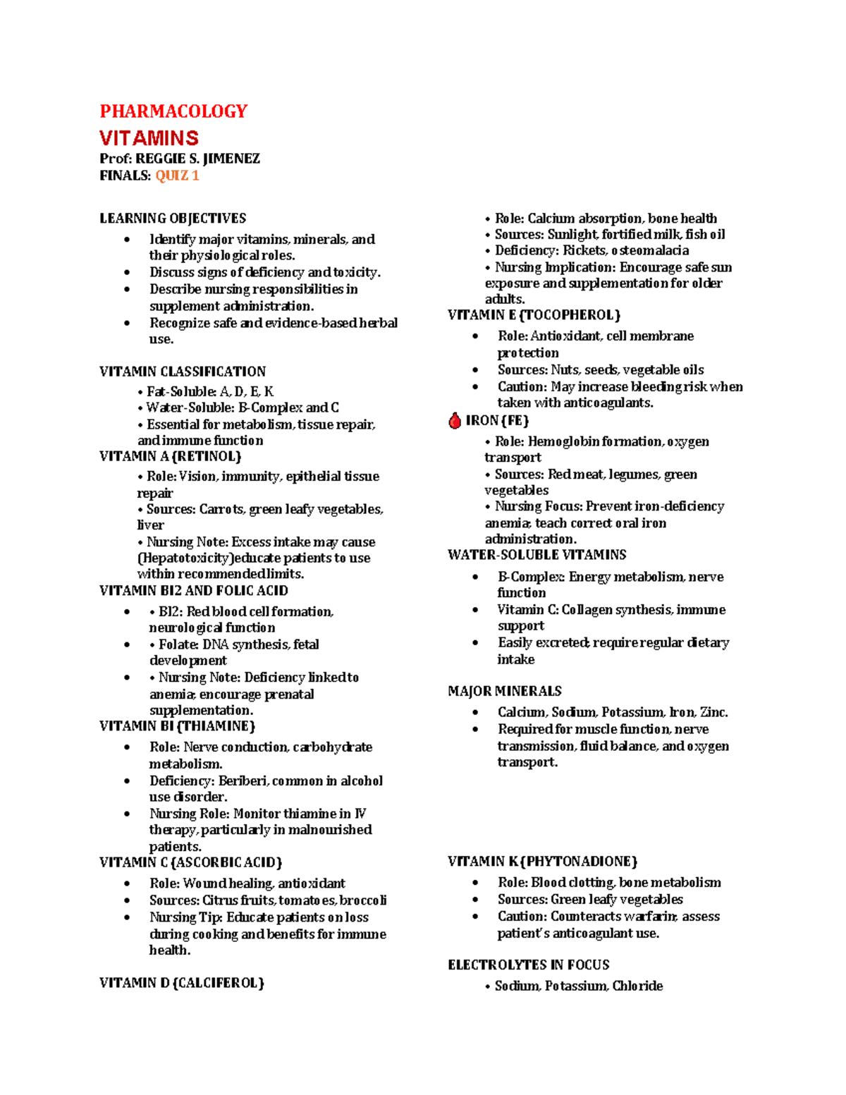 PHARMACOLOGY FINALS: QUIZ 1 ON VITAMINS AND MINERALS - Studocu