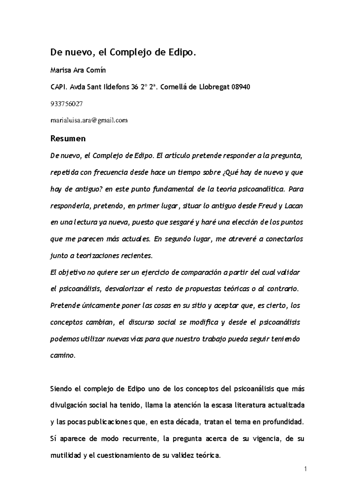CAPI: Análisis Actual del Complejo de Edipo en Psicoanálisis - Studocu