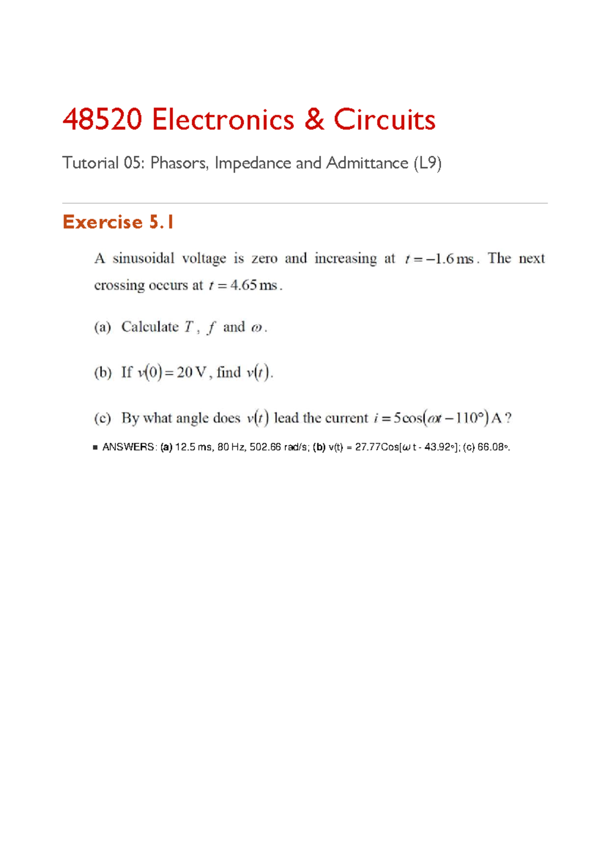 48520 Electronics Circuits Week 6 Tutorial Questions and Answers - Studocu