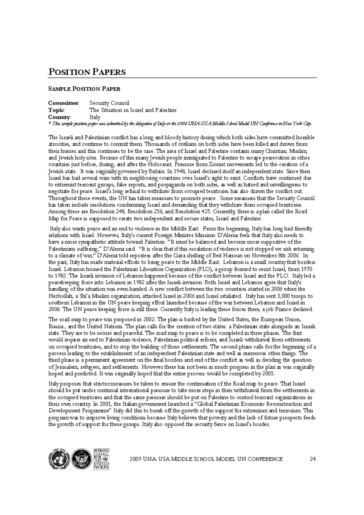 Sample Position Paper: Italy's Stance on Israel-Palestine Conflict ...