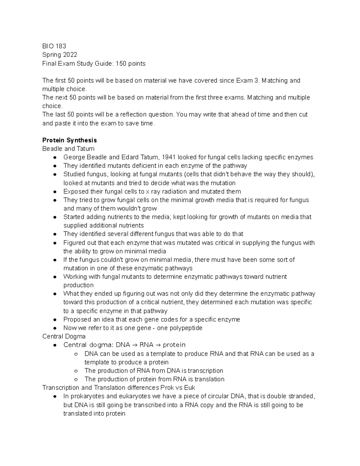 FE Study Guide BIOlogy - BIO 183 Spring 2022 Final Exam Study Guide ...