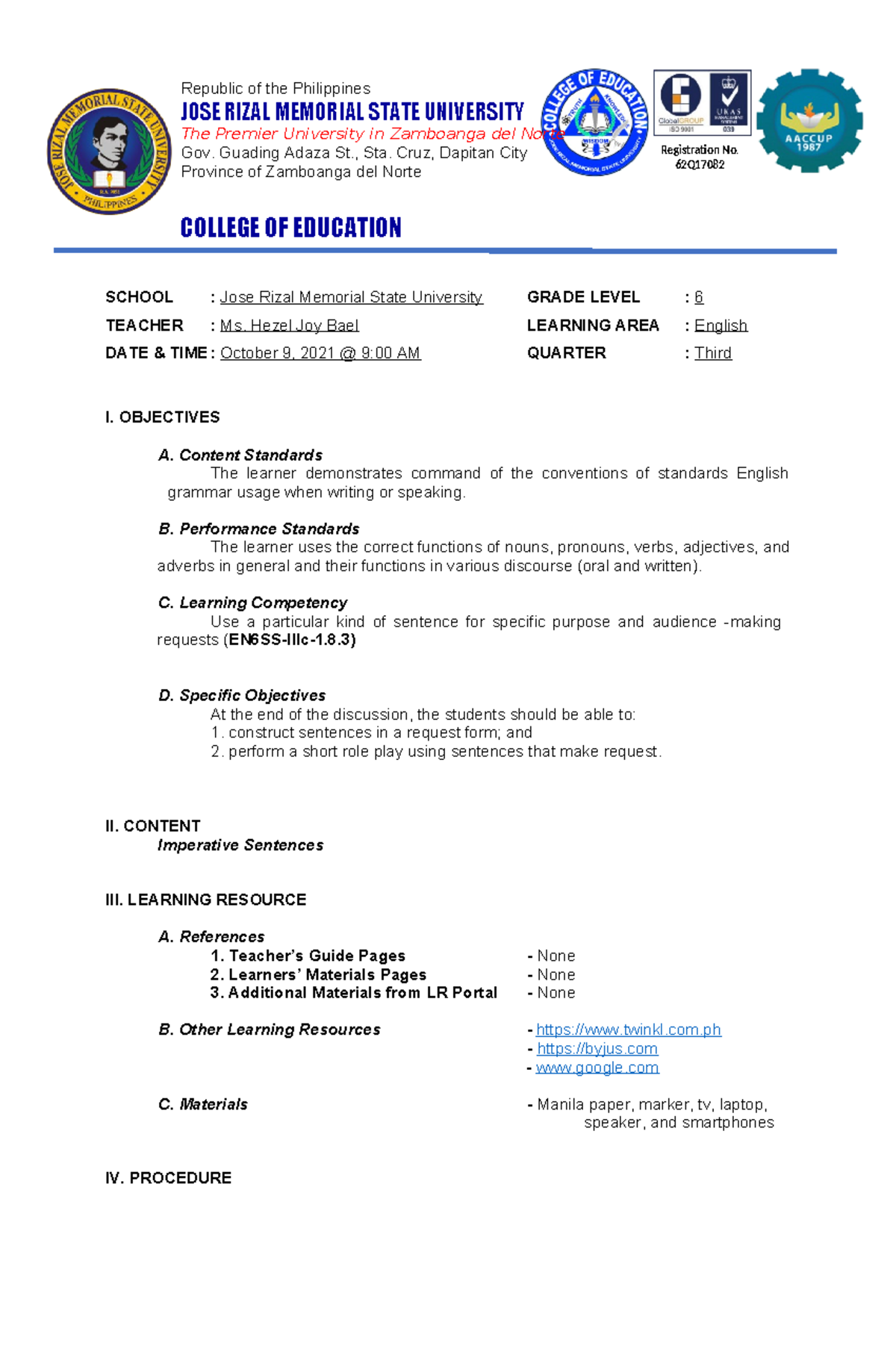 LP- English- Dirige - taaaa - COLLEGE OF EDUCATION SCHOOL : Jose Rizal ...