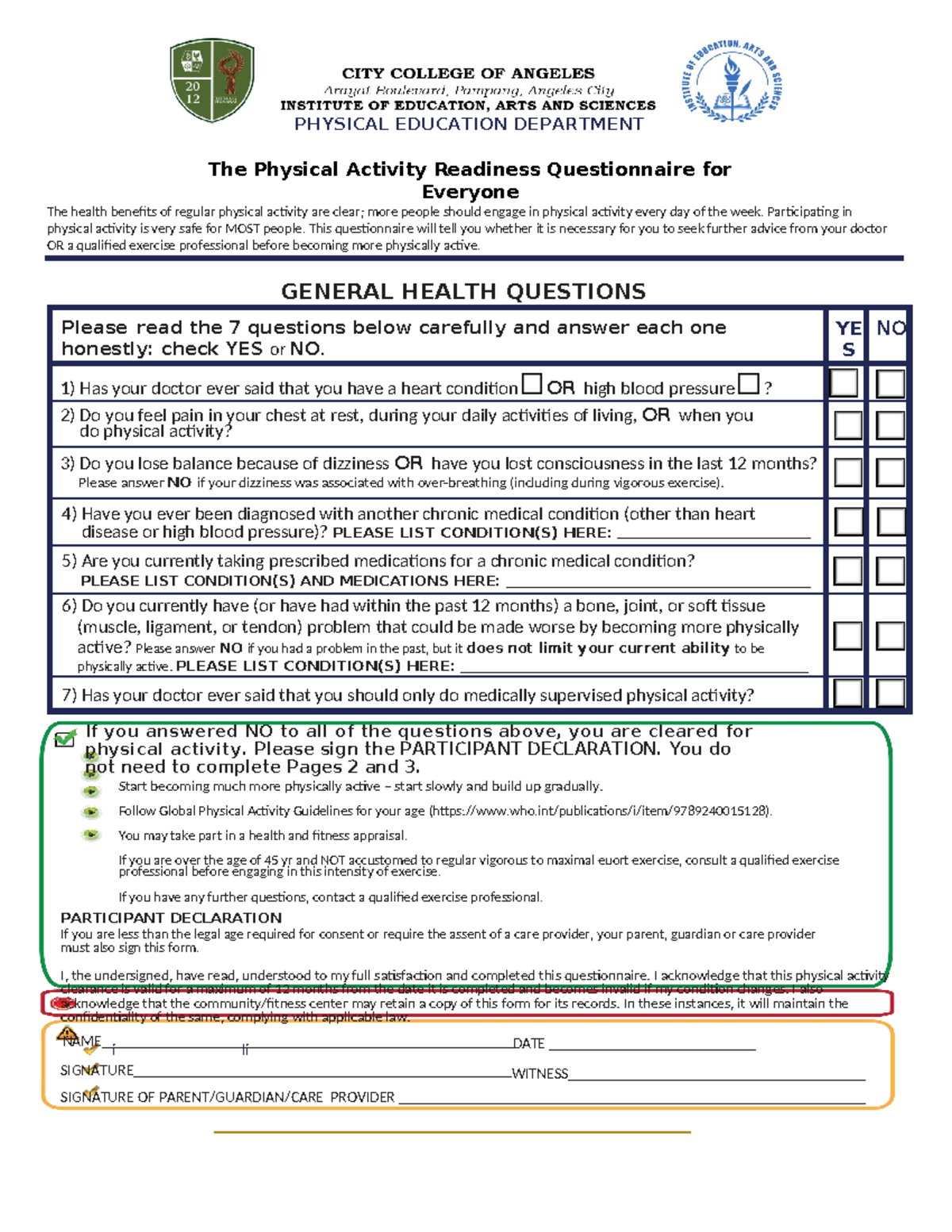 PHED 101: PAR-Q+ Questionnaire for Physical Activity Clearance - Studocu