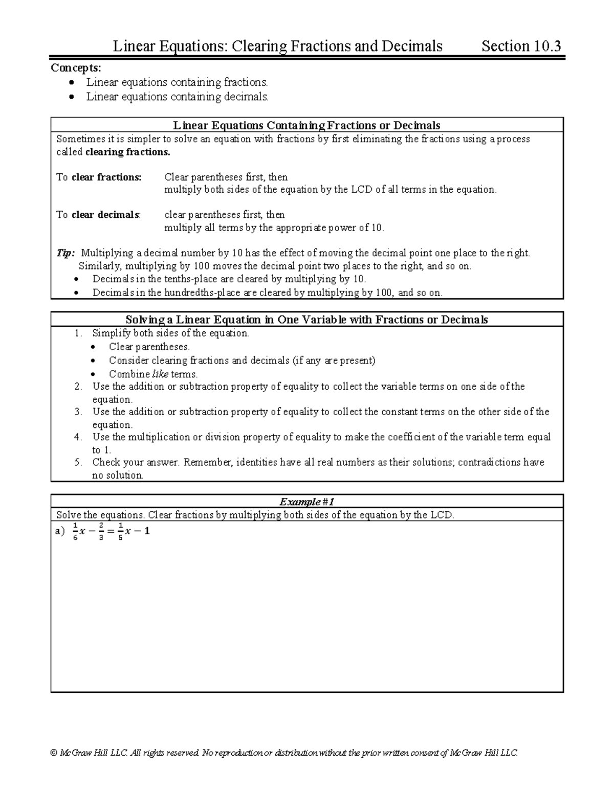 Notes 10.3: Solving Linear Equations - Clearing Fractions & Decimals ...
