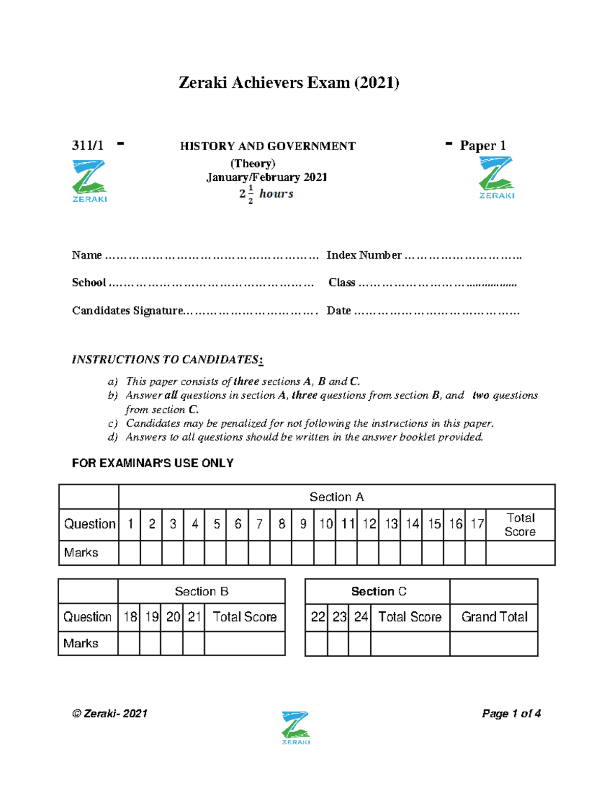 History 311/1 - Paper 1 - Zeraki Achievers Exam 2021 - Question Paper ...