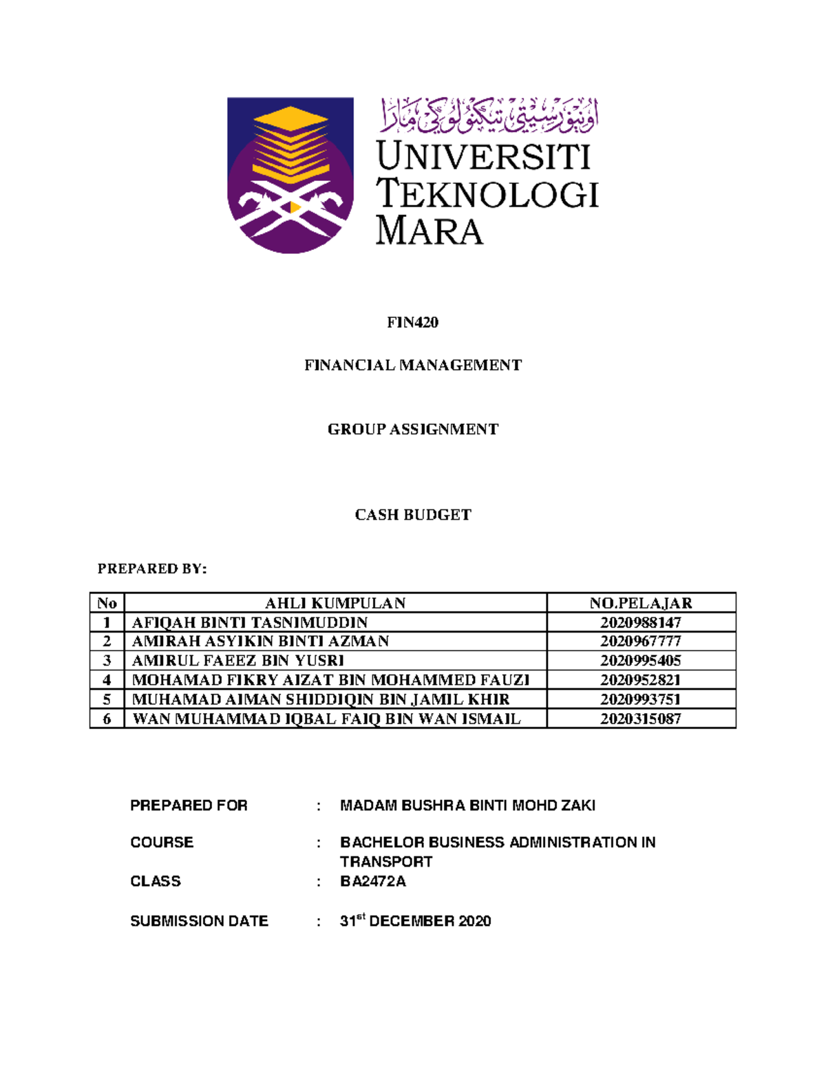 Cash Budget Assignment for BA2472A Financial Management Group Project ...