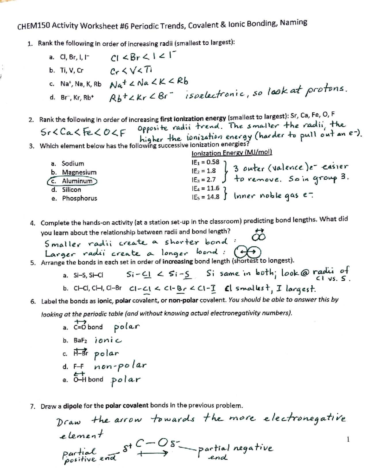 CHEM150 Activity Worksheet #6: Periodic Trends & Bonding Concepts - Studocu